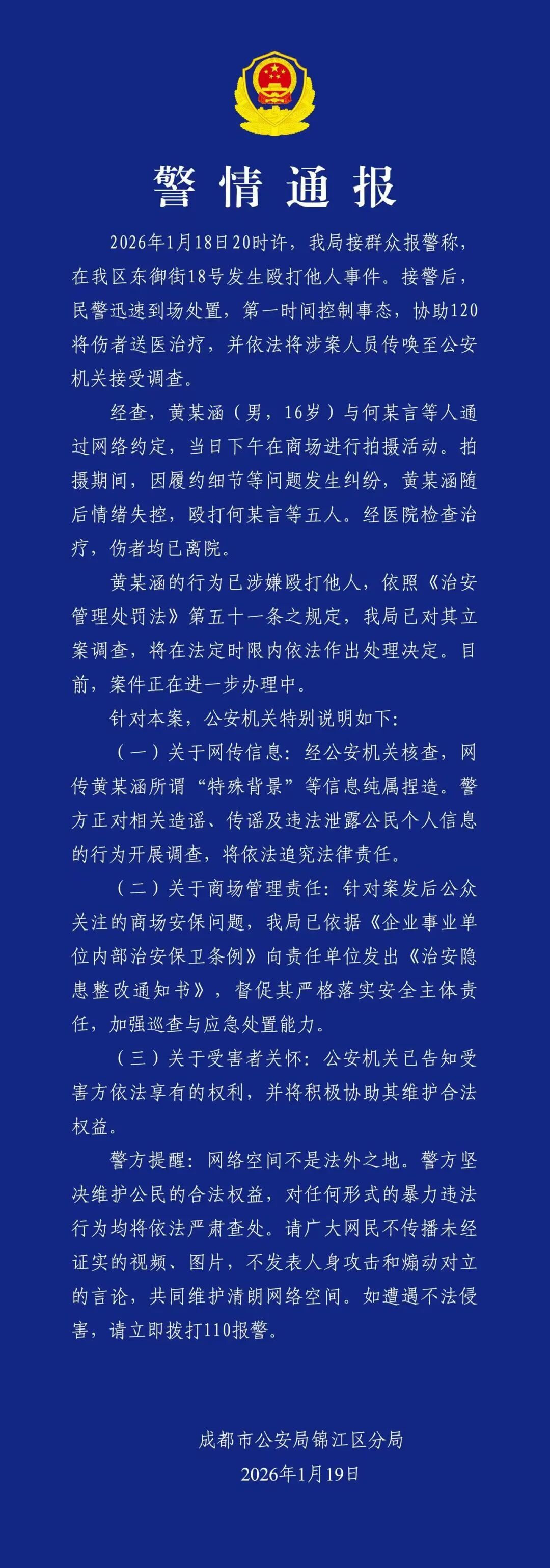 成都一男子殴打5人被立案调查，警方通报_央广网